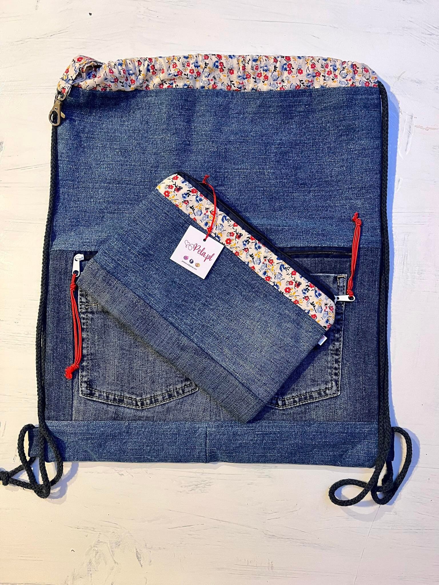 Denim Drawstring Backpack UNIQUE Purse Sports Bag, Back to School ...