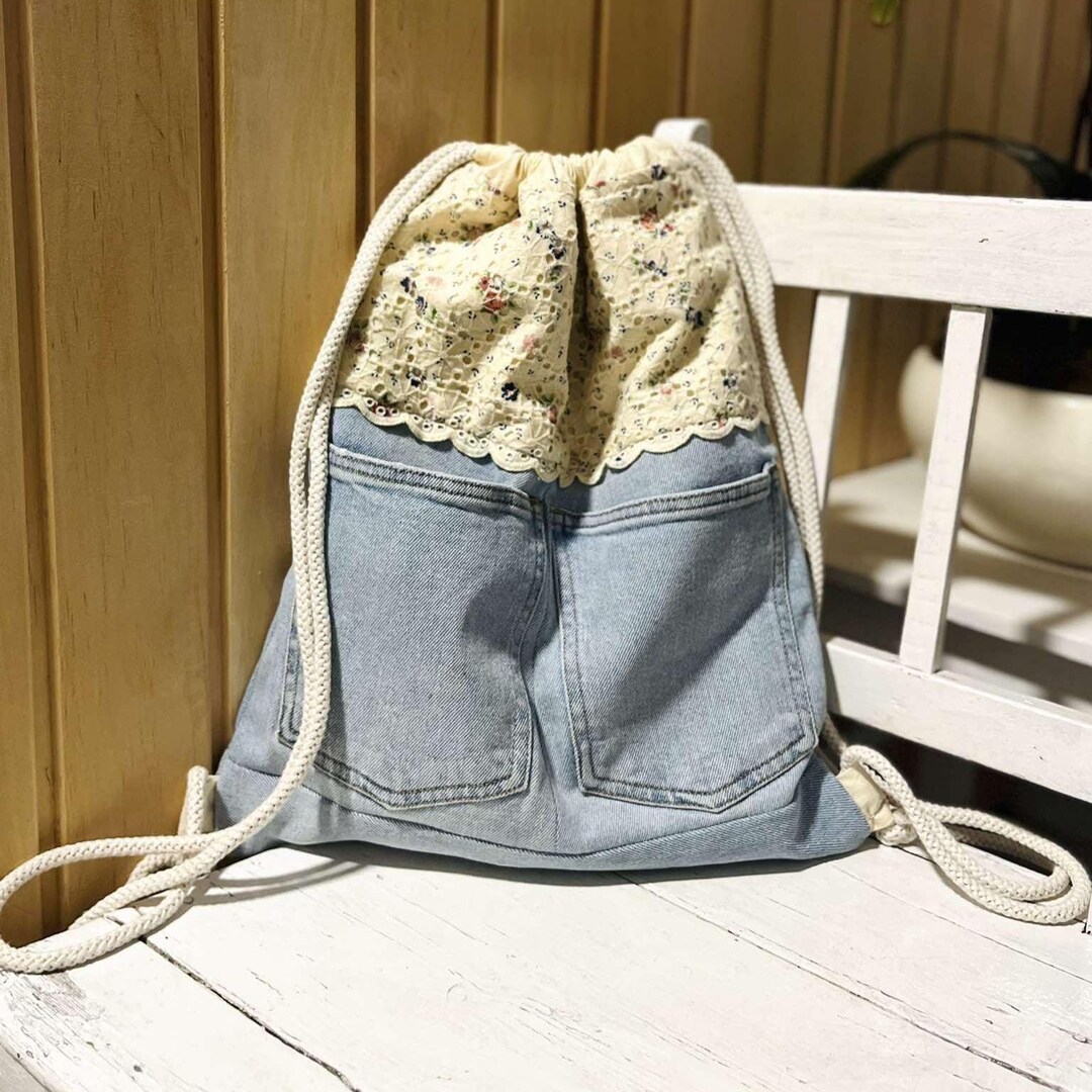 Handmade Upcycled Denim Backpack With Lace and Flowers – Eco-friendly ...