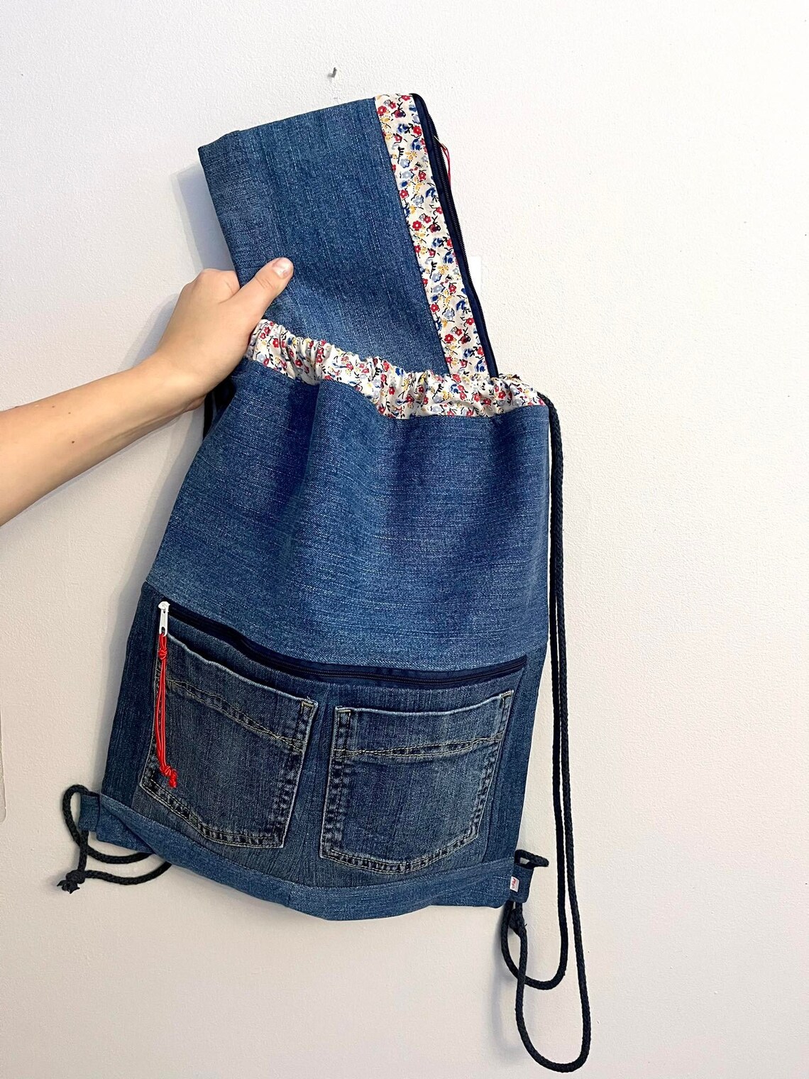 Denim Drawstring Backpack UNIQUE Purse Sports Bag, Back to School ...
