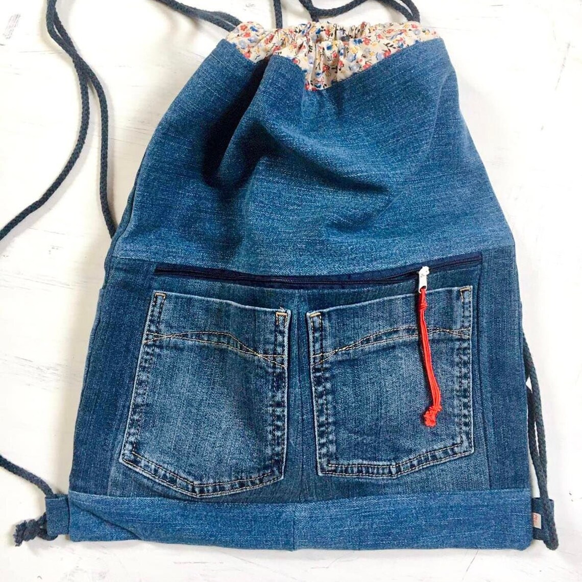 Denim Drawstring Backpack UNIQUE Purse Sports Bag, Back to School ...