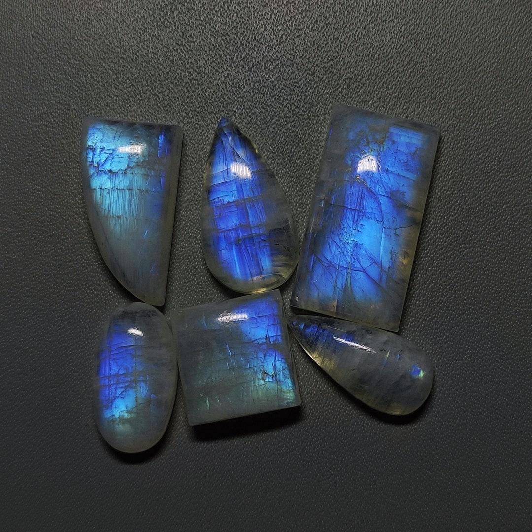 AA Quality 6 Pieces Natural Blue Flashy Moonstone Flatback Cabochon ...