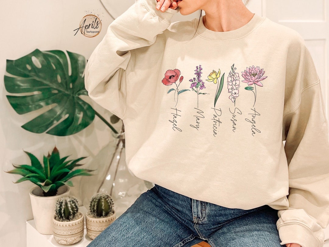 Birth Flower Sweatshirt, Custom Name Flower Sweatshirt, Grandma Gift ...