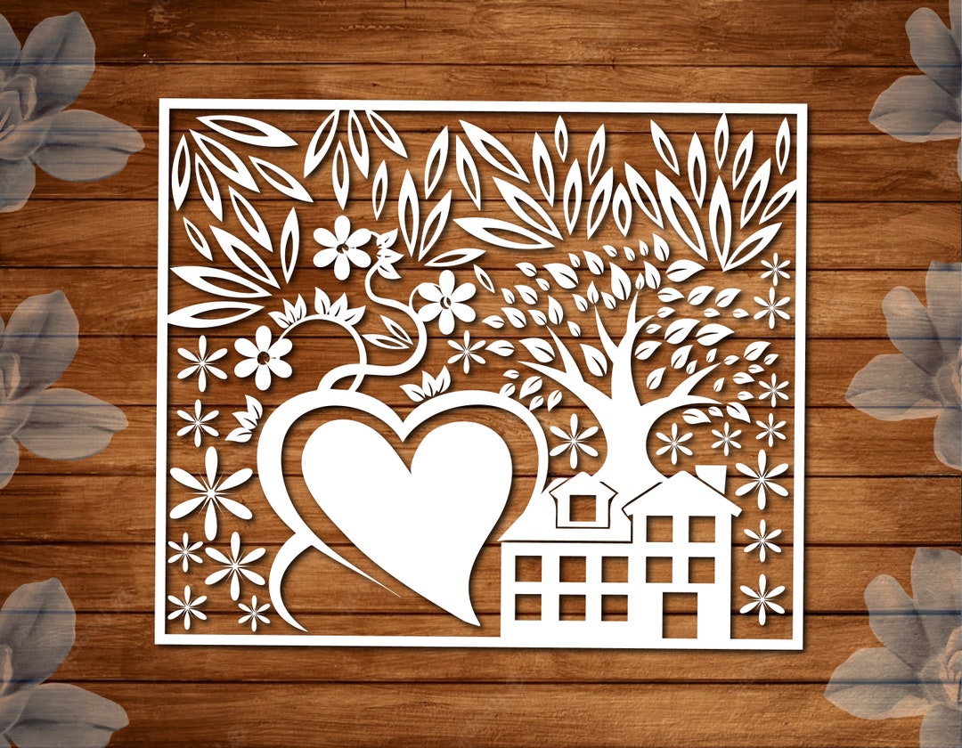 Papercut Template Love and House Tree, Lovely House Papercut, Cricut ...