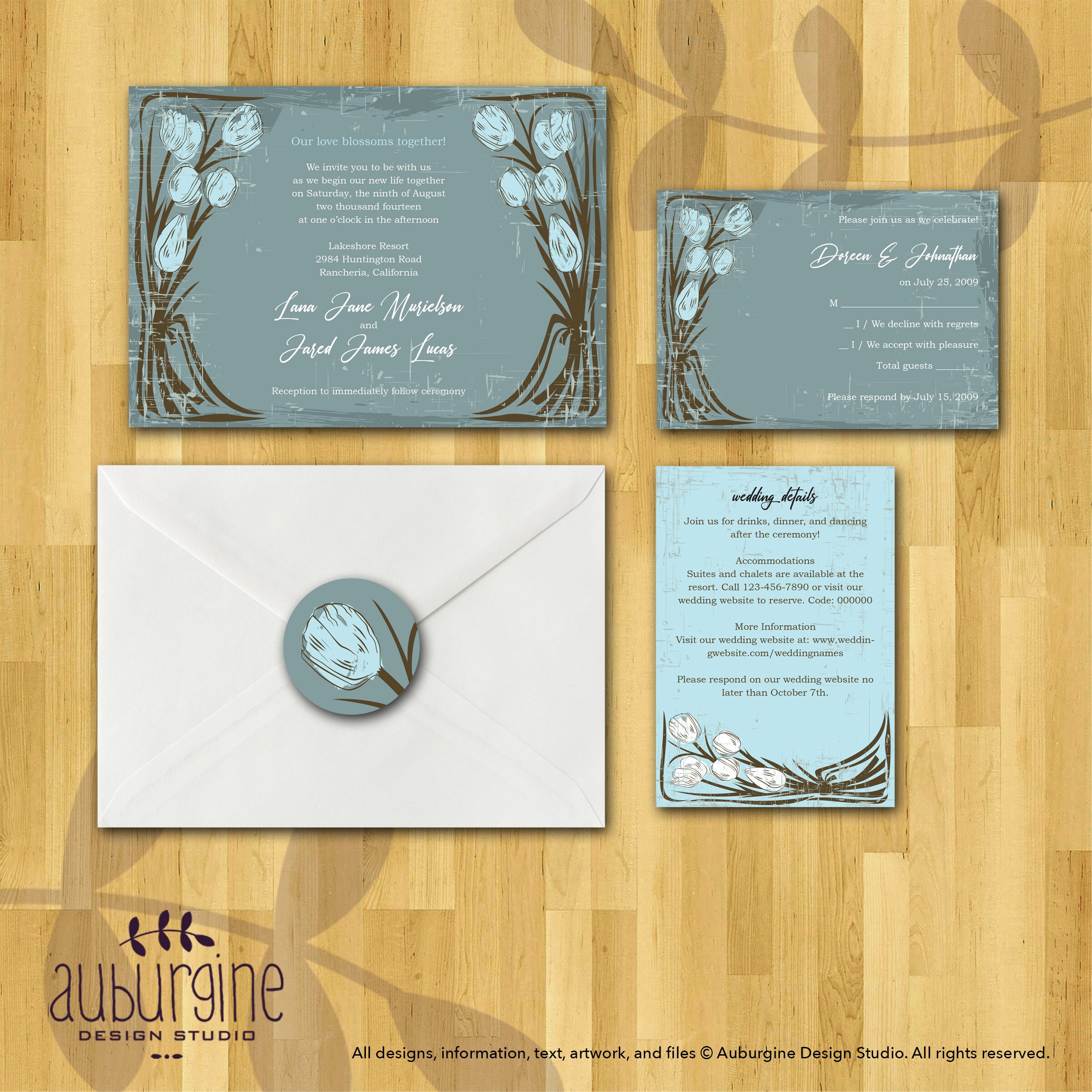Old Blue Roses Wedding Invitation Set Design Suite With 4 Templates ...