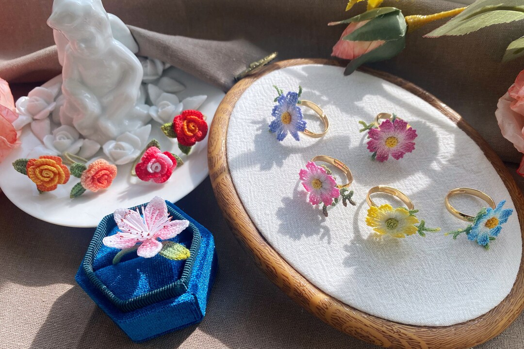 Crochet Flower Ring,rose Rings,cosmos Rings,floral Rings, Handmade ...