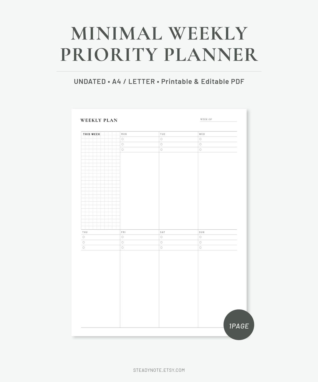 Minimalist Weekly Planner | Vertical Layout, Top Priorities (fillable ...