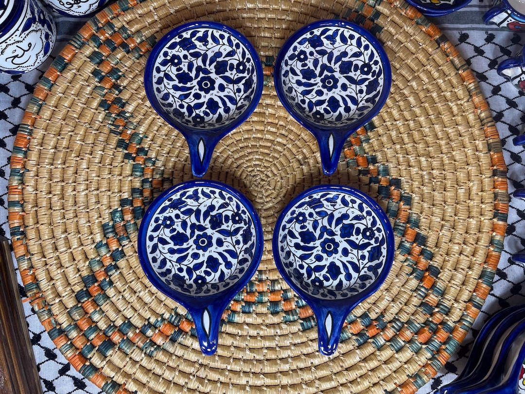 Palestine Pottery Set of 4 Handmade Ceramic Skillet Plates Blue Floral ...