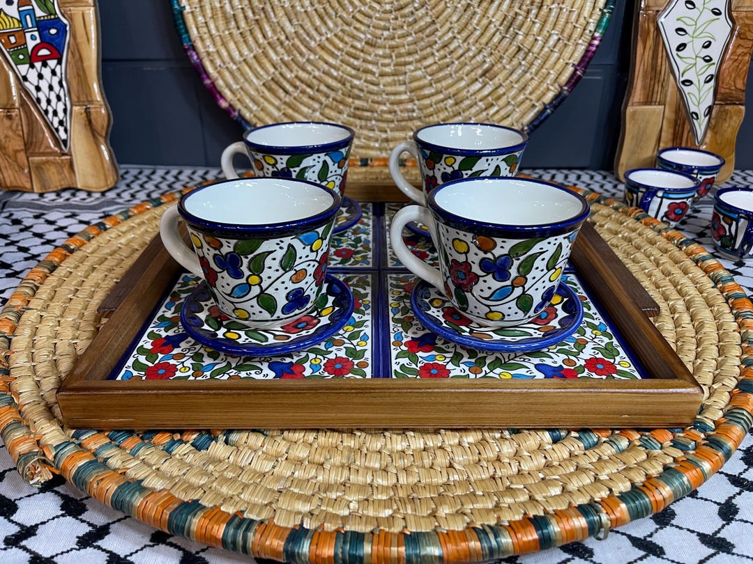 Palestine Ceramics 4 Tea Cups Set With Tray 30x30 Cm Pottery Art Made ...