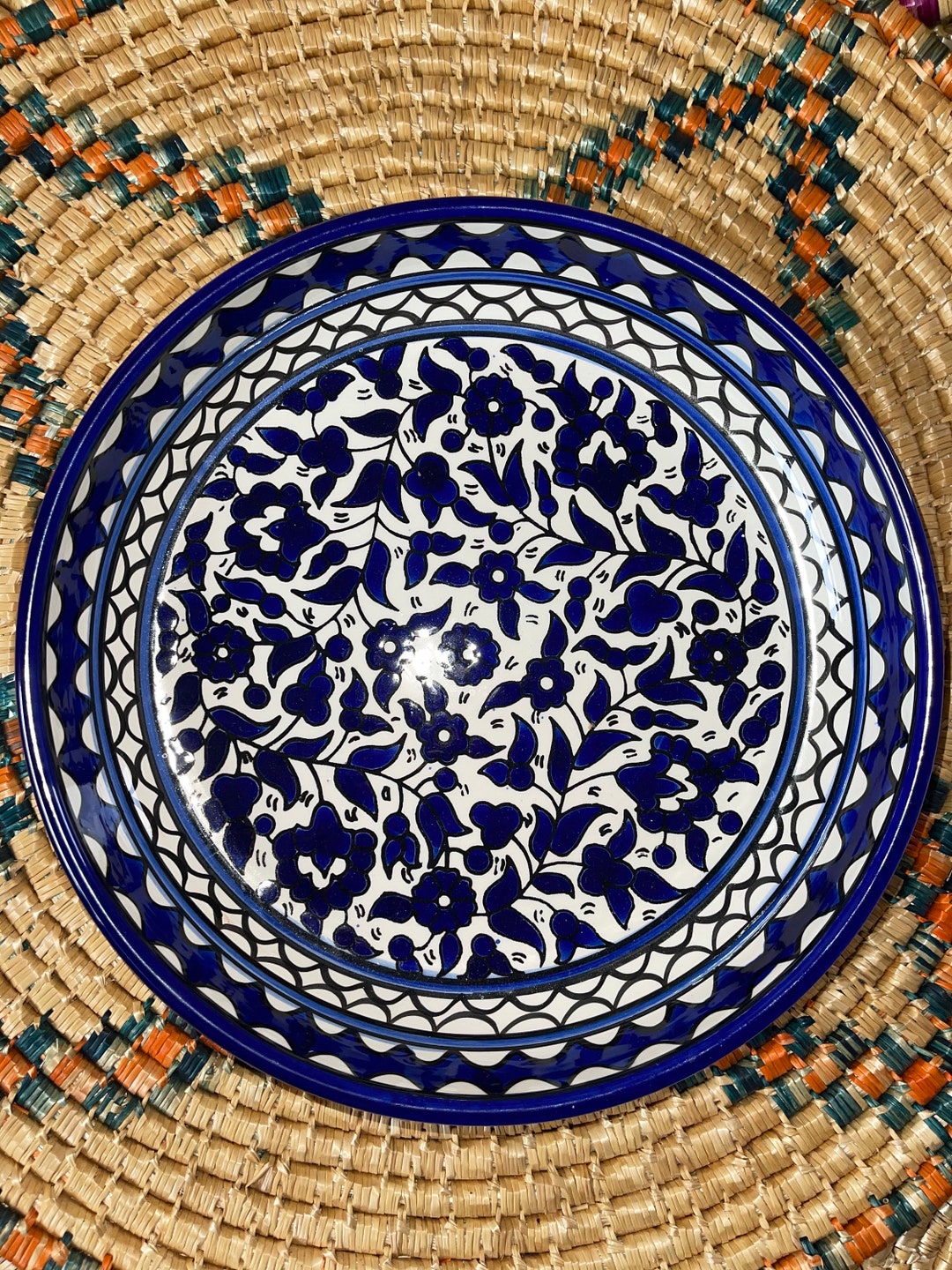Palestine Pottery Flat Bowl Blue Floral 29 Cm Design Handmade Made in ...