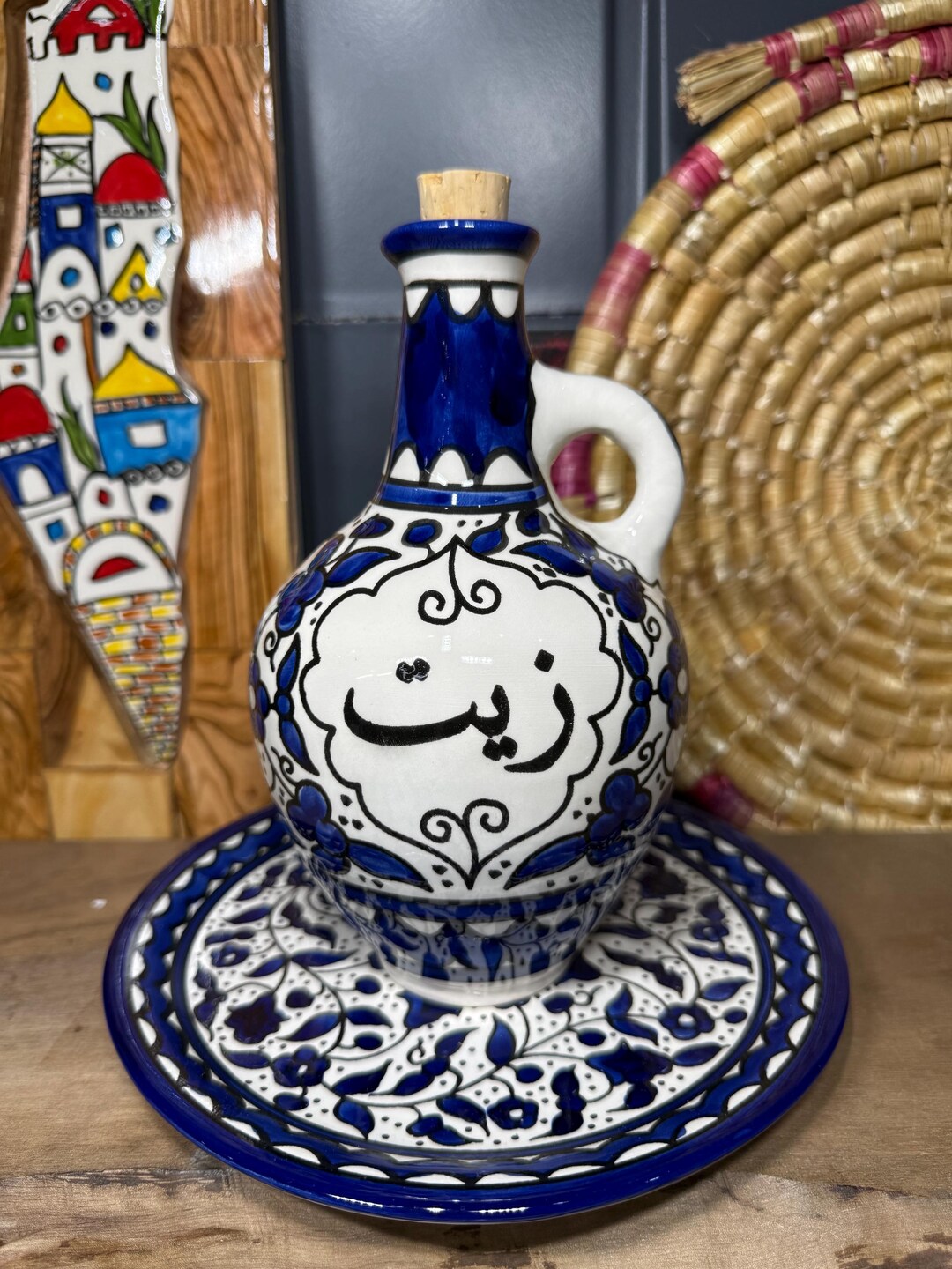 Palestine Pottery Palestinian Ceramic Oil Dispenser Bottle With Coaster ...