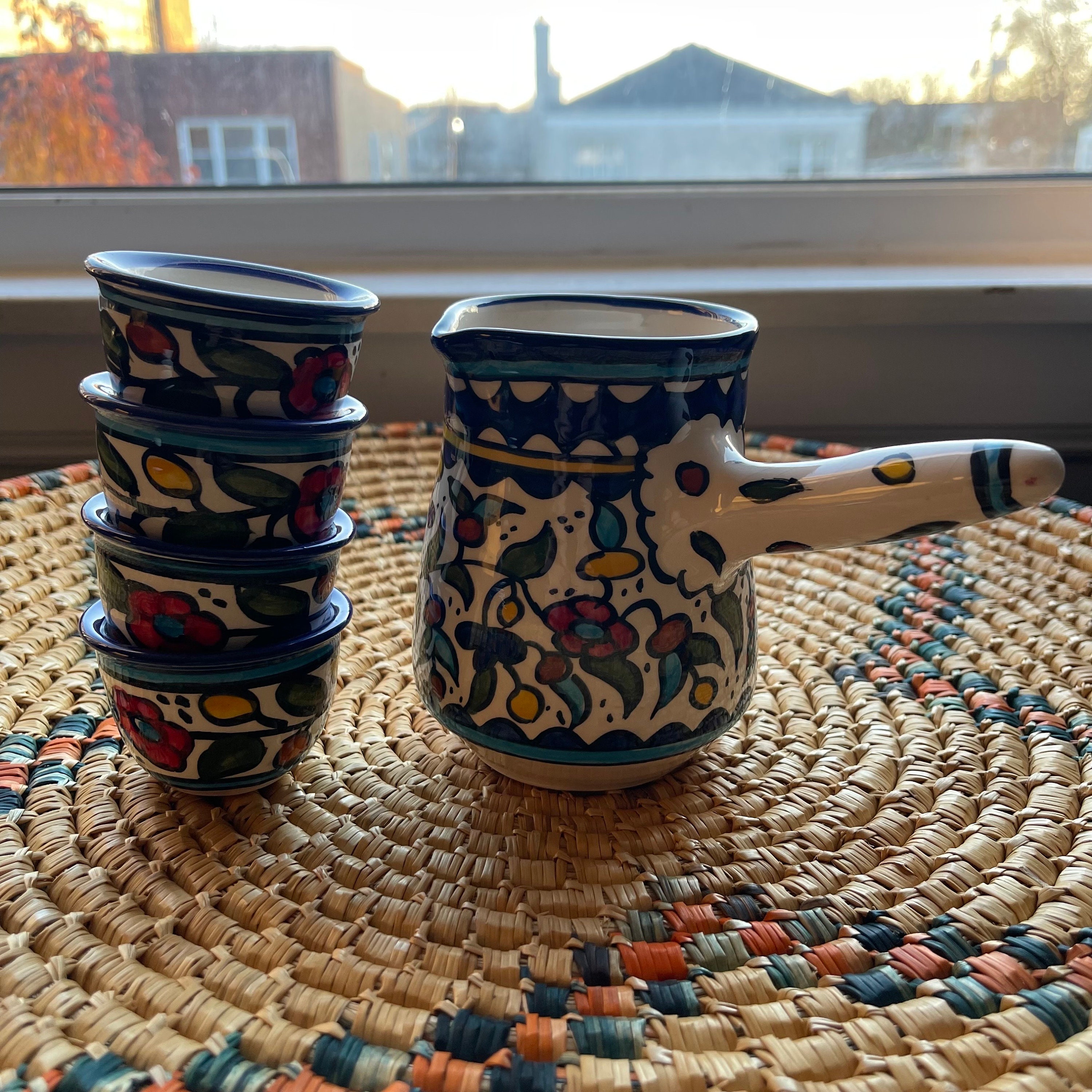 Palestinian Coffee Cups Set of 4 With a Pot Ceramic Handmade and Hand ...
