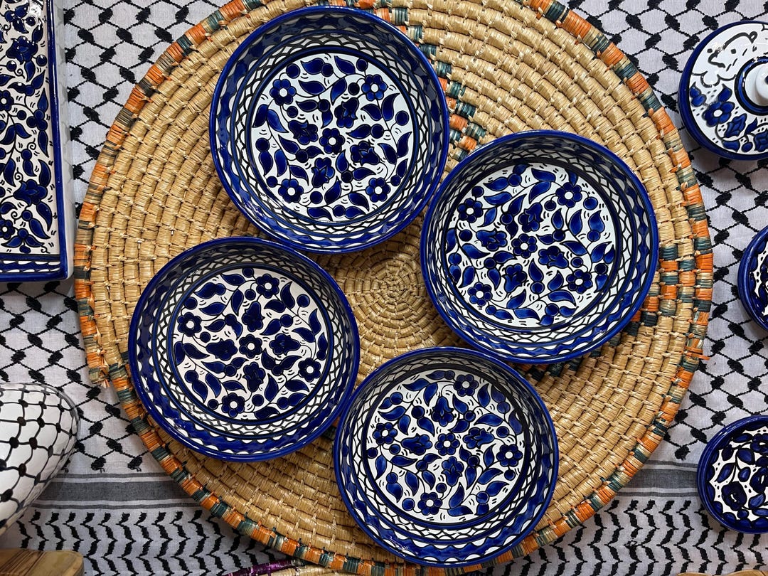 Set of 4 Palestine Pottery Flat Bowl Blue Floral 15 Cm Design Handmade ...