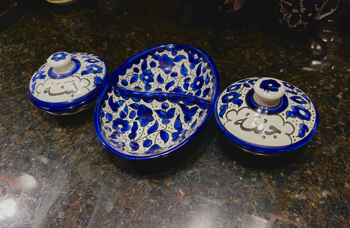 Palestinian Pottery Breakfast Set Blue Jibneh & Labaneh Bowls and Oval ...