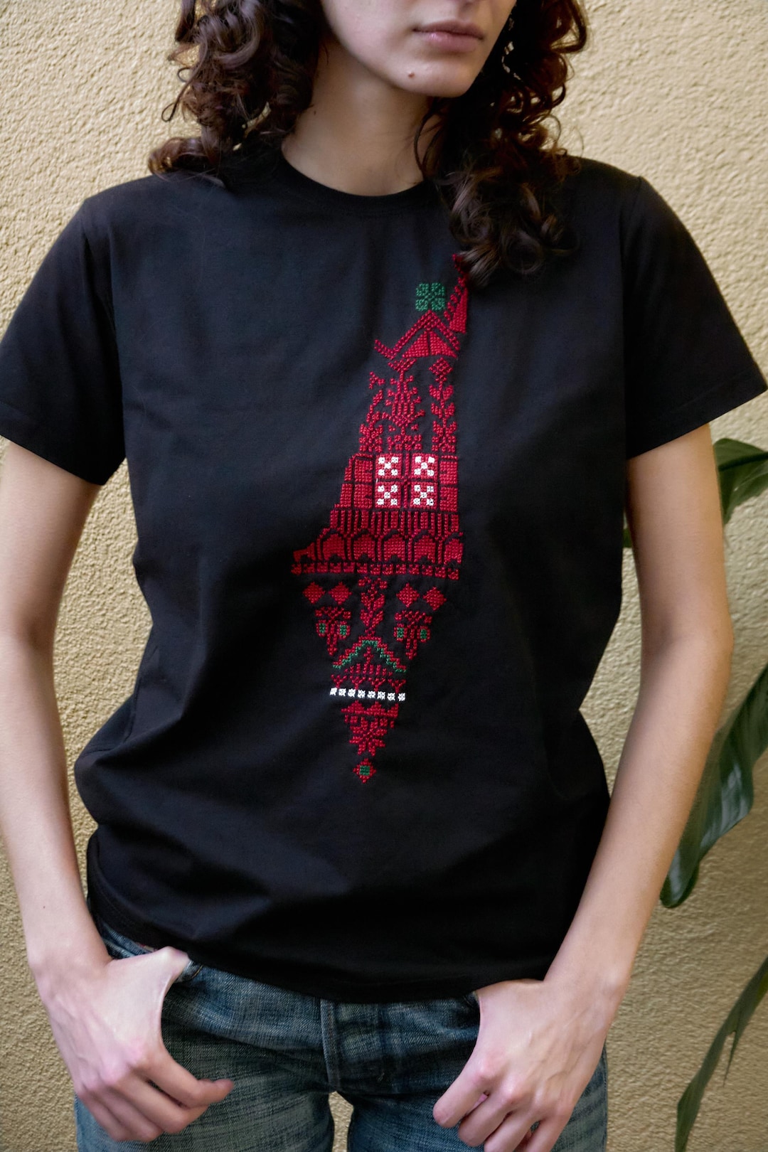 Boqaa T-shirt || Red Map Hand Stitched on Black || Palestinian ...