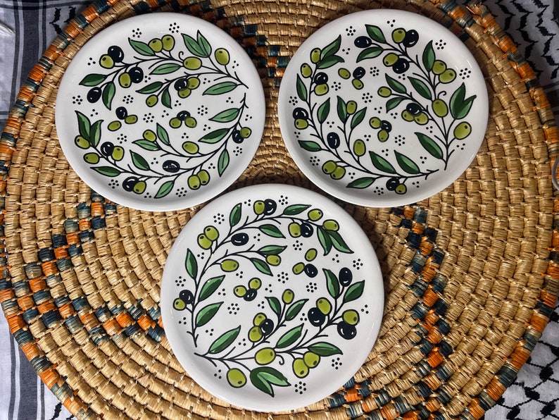 Palestinian Pottery Set of 3 Plates 21cm Green Olive Tree Branch ...