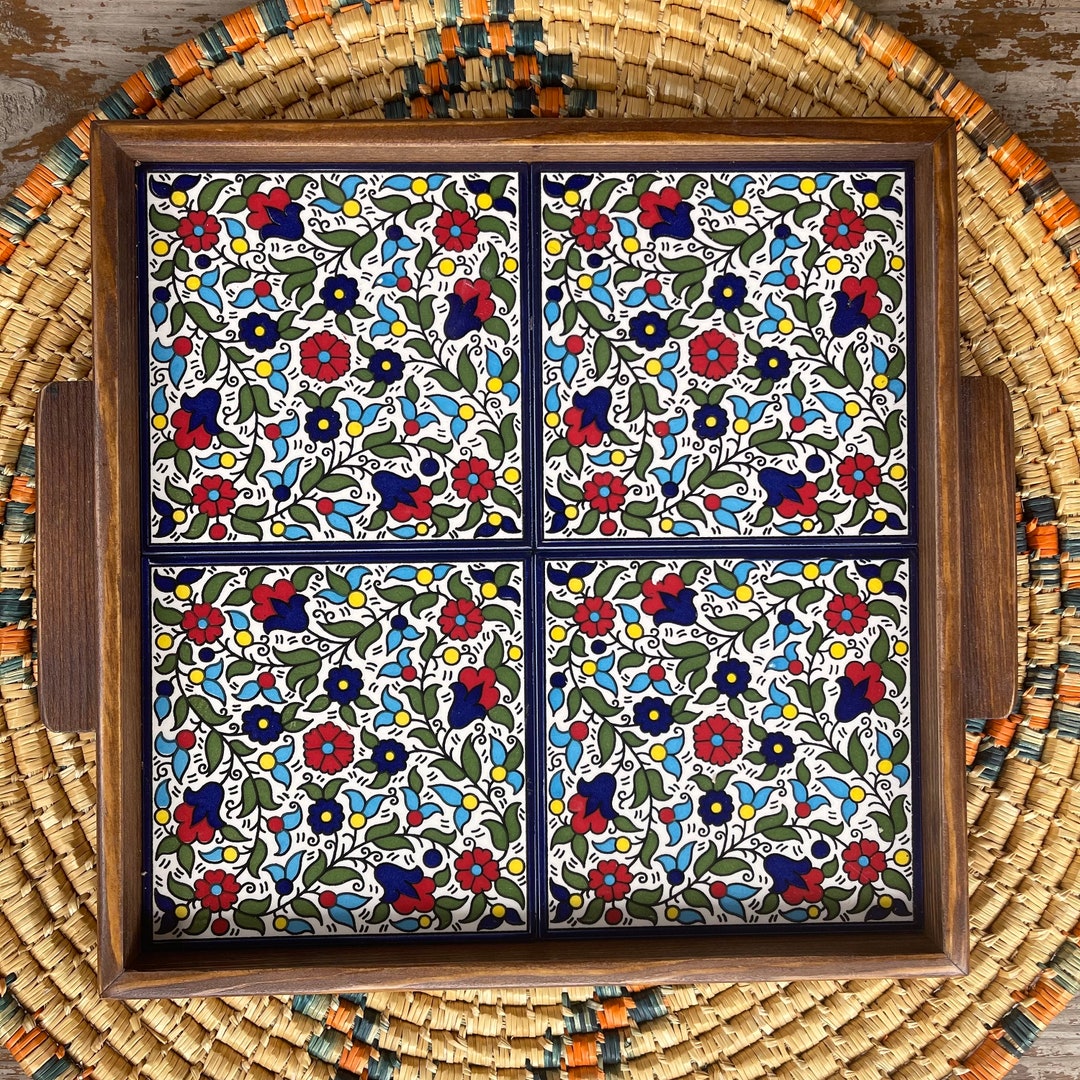 Palestine Pottery Ceramic Tile Handmade and Hand Painted Tray Wooden ...