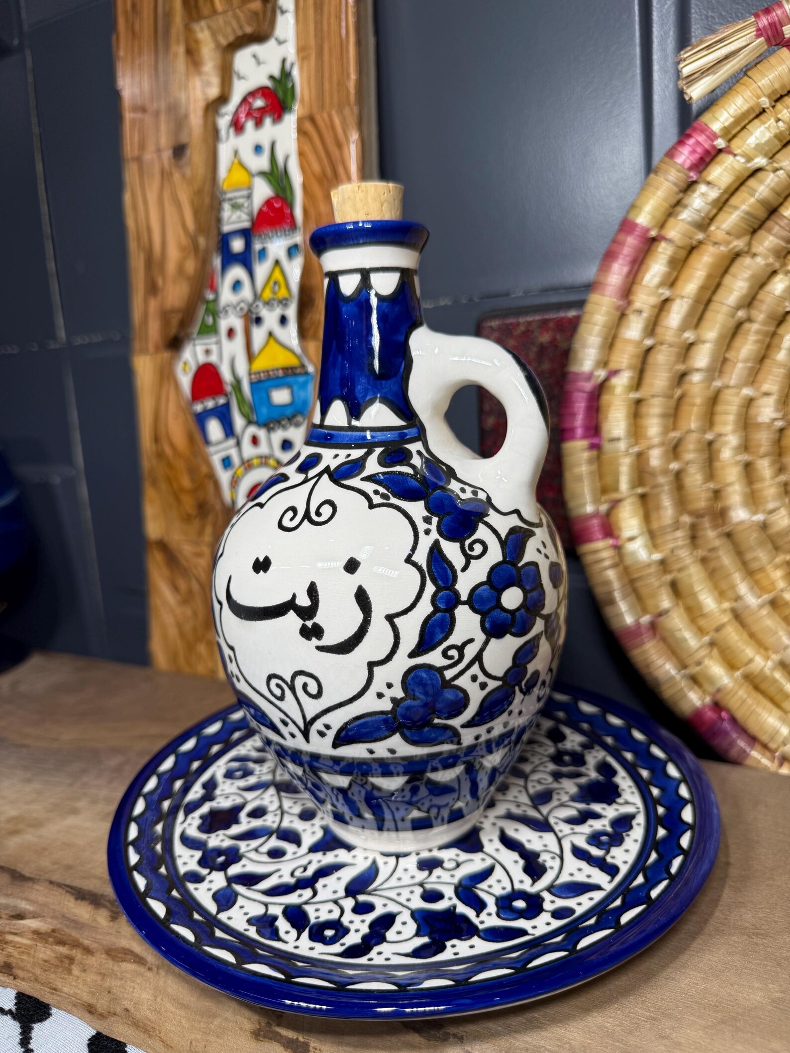 Palestine Pottery Palestinian Ceramic Oil Dispenser Bottle With Coaster ...