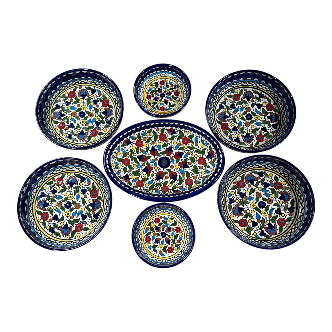 Palestinian Ceramic Serving Set | 4 Large Bowls + 2 Small Bowls + Oval ...