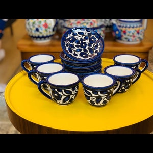 Palestinian Pottery Coffee Cups With Saucers Set of 6 Ceramic Handmade ...