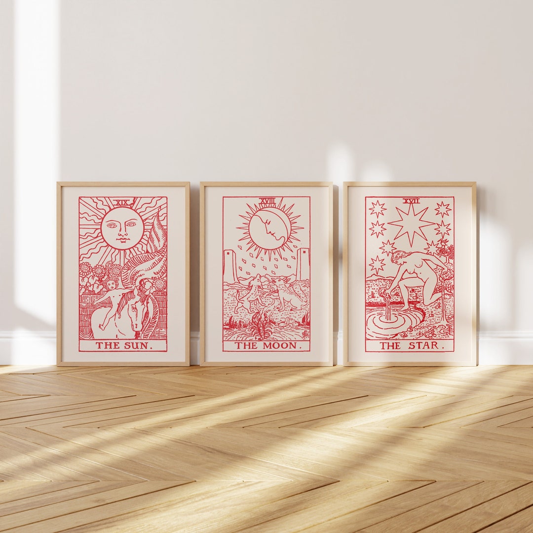 Set of 3 Tarot Prints: the Sun, Moon & Star (giclée Art Prints of Red Tarot Cards) Astrology ...