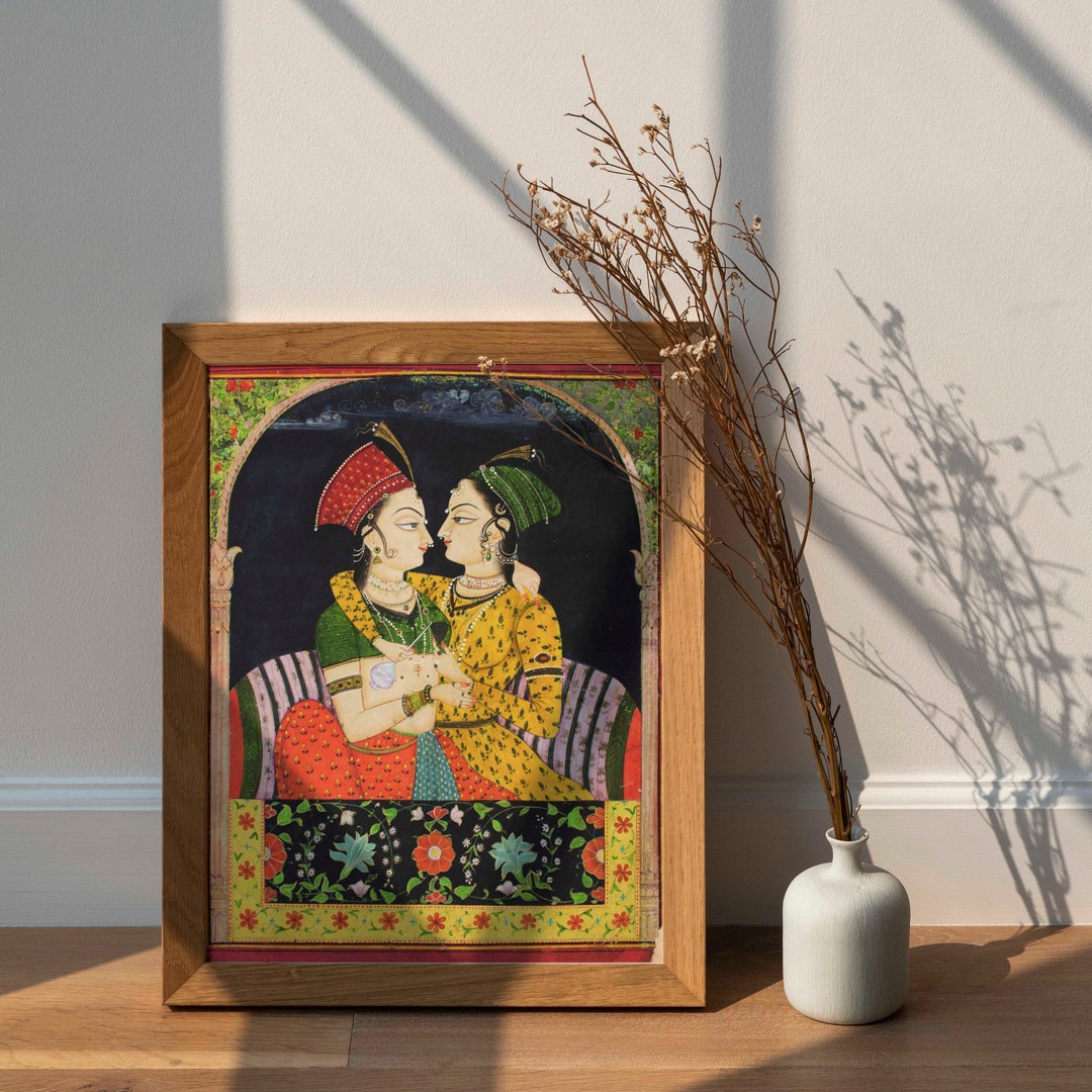 Two Ladies Embracing at a Jharoka (traditional Indian / Hindu Painting ...