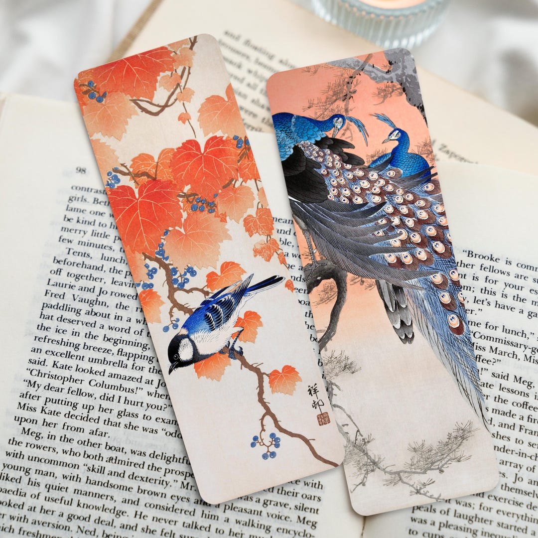 Japanese Bookmarks: Two Peacocks / Great Tit (custom Handmade Textured ...