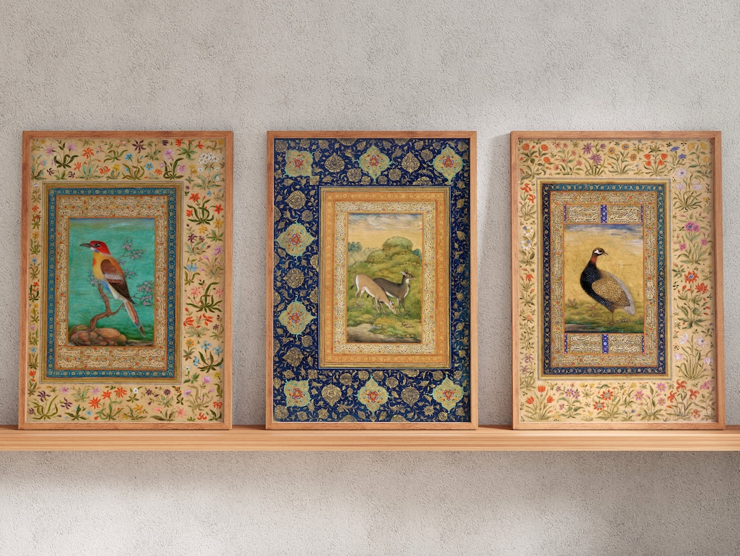 Set of 3 Persian Prints: Birds & Deer (traditional Persian / Mughal Art Prints of Miniature ...