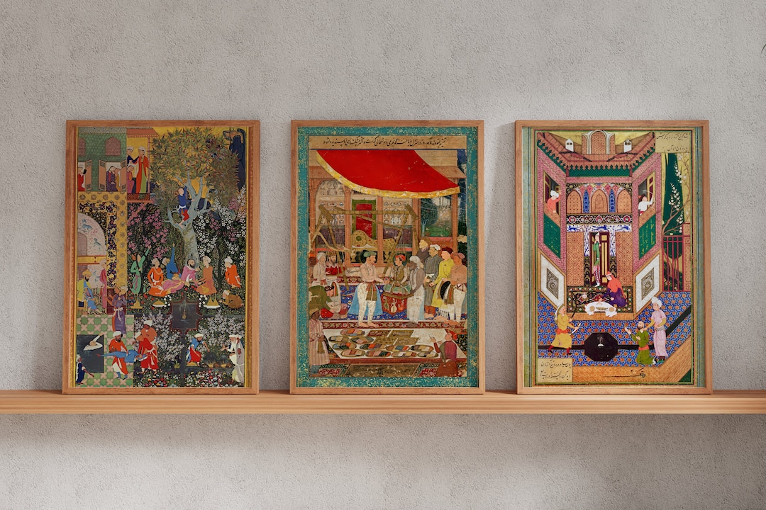 Set of 3 - Traditional Persian / Mughal Miniature Art Featuring People ...