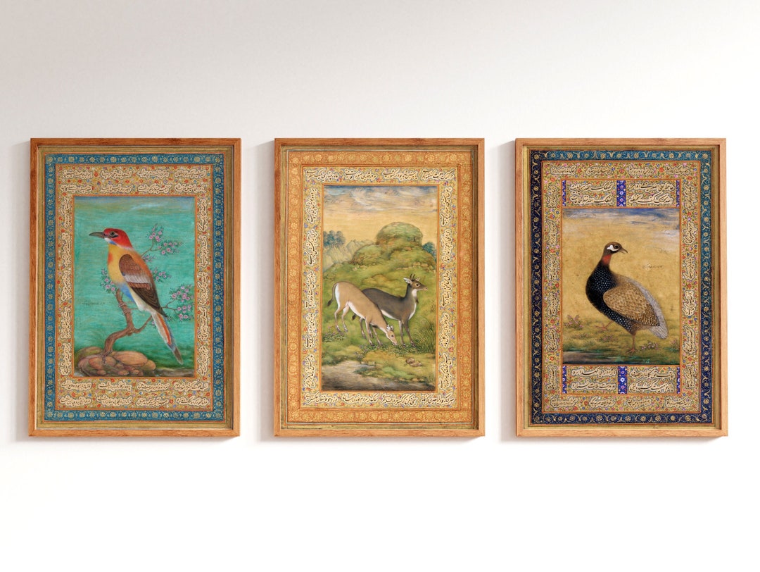 Set of 3 - Traditional Persian / Mughal Miniature Art Featuring Birds ...