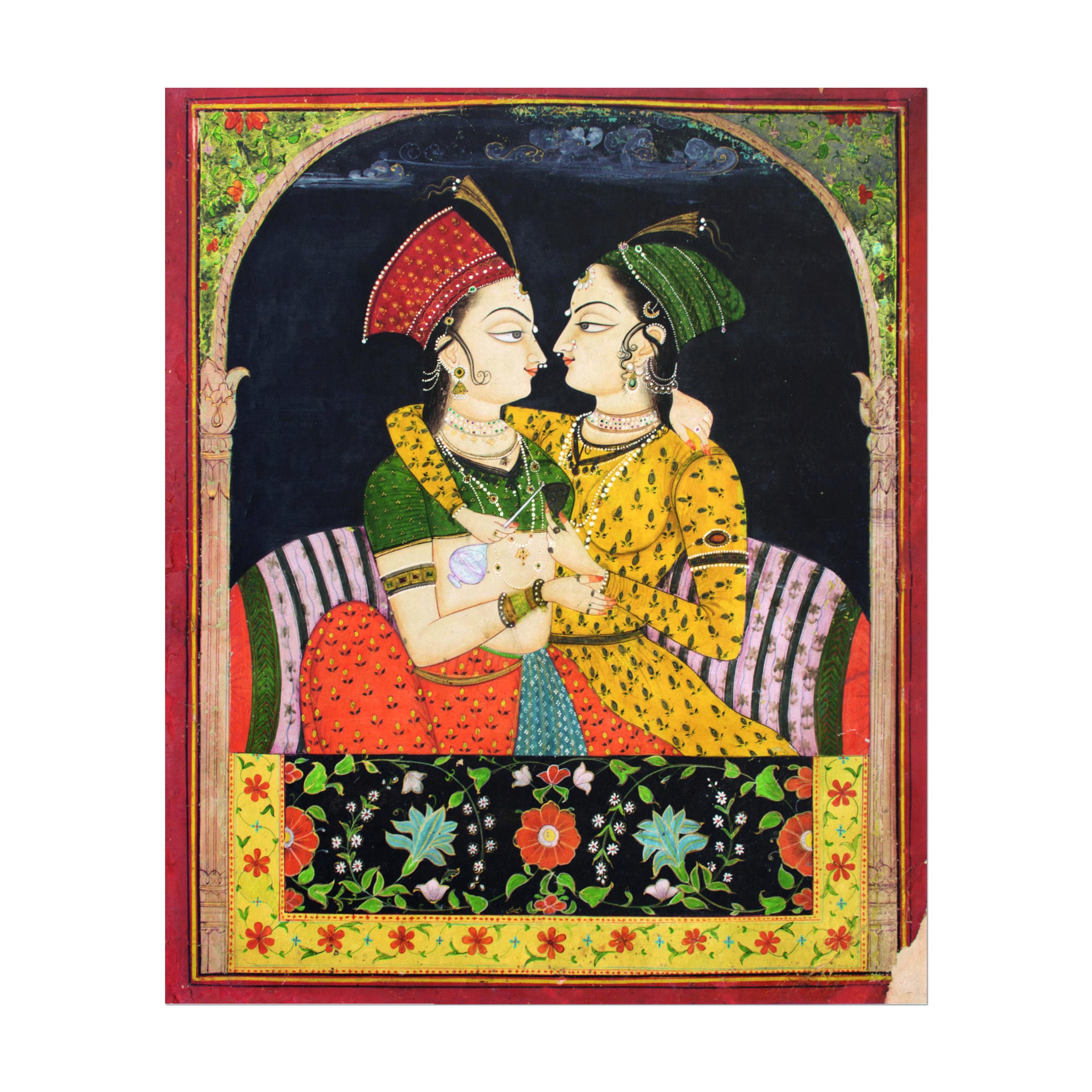 Two Ladies Embracing at a Jharoka (traditional Indian / Hindu Painting ...