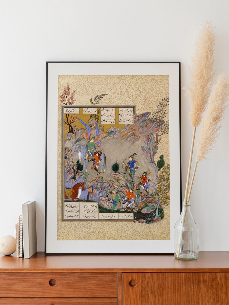 The Angel Surush Rescues Khusrau Parvis (traditional Persian Miniature ...