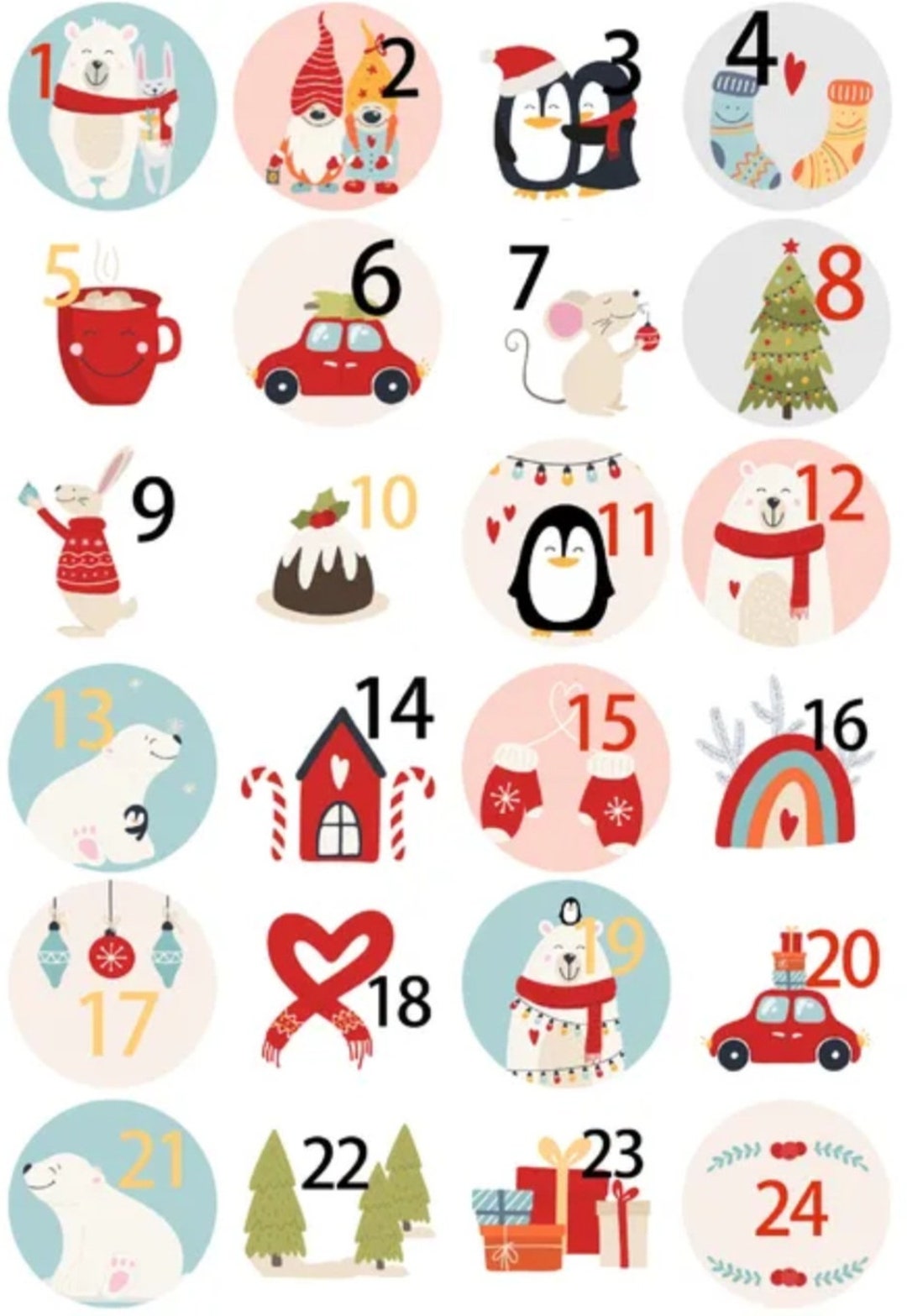 Christmas Advent Stickers 1-24 Advent Christmas Calendar Stickers 45mm ...