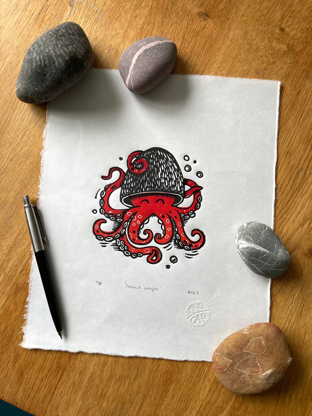 Coconut Octopus- Quirky- Under the Sea - Fun Linocut -contemporary ...