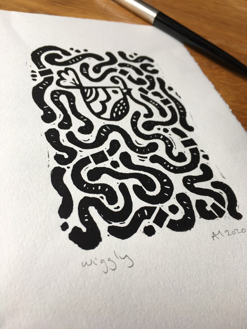 Wiggly worms Linocut print handmade art print | Etsy