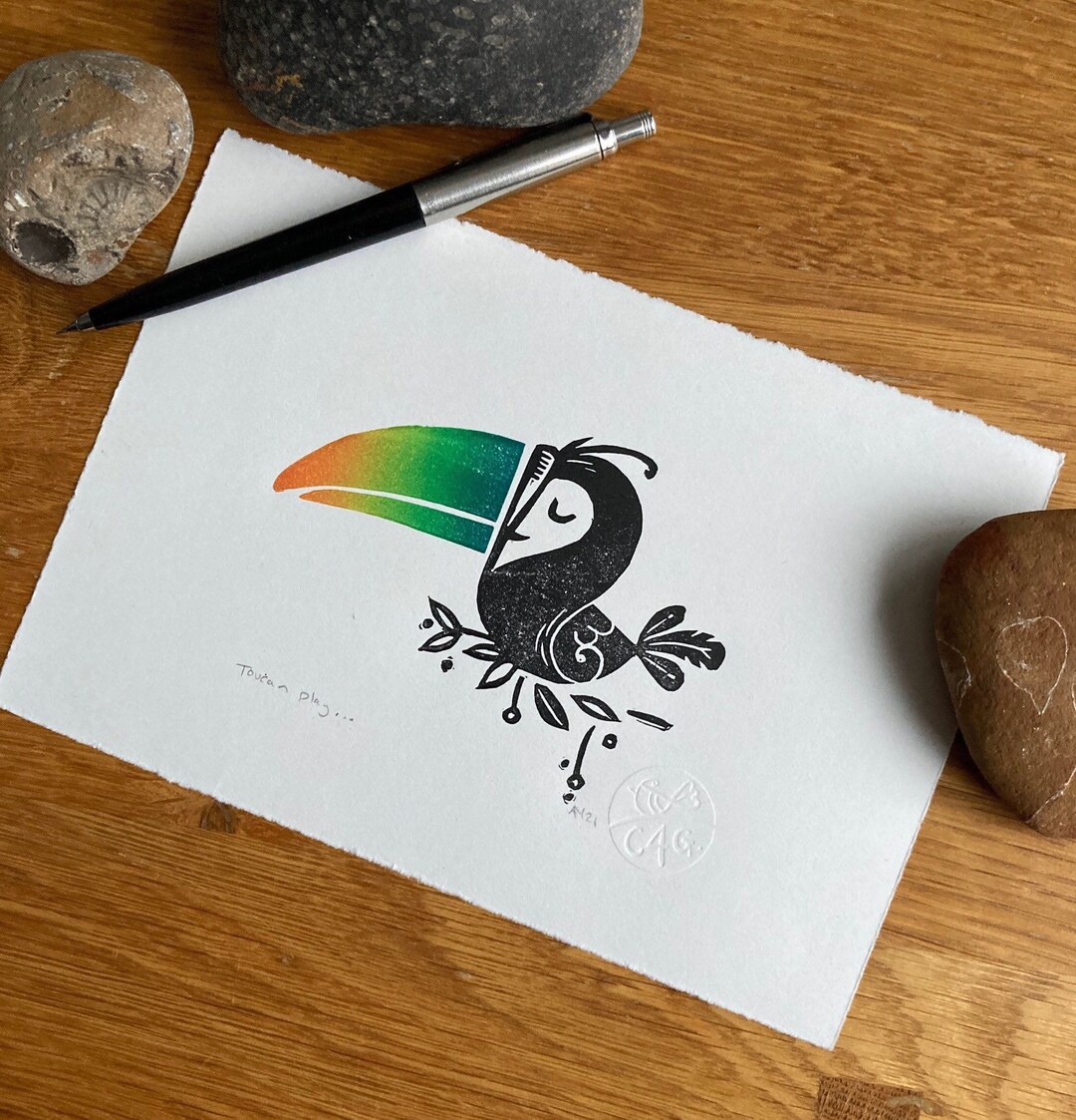 Toucan Handprinted Linocut Print - Colourful Toucan Bird & Branch ...