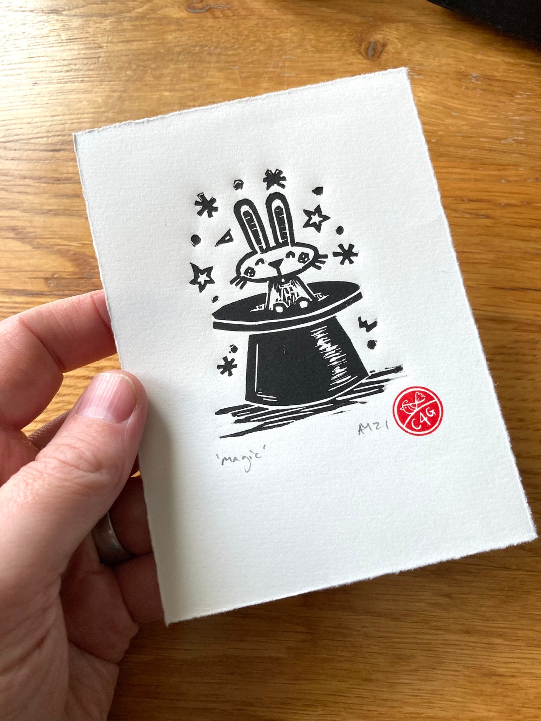 Magic- Small Rabbit in a Top Hat- Linocut Print - Handmade Art Print ...