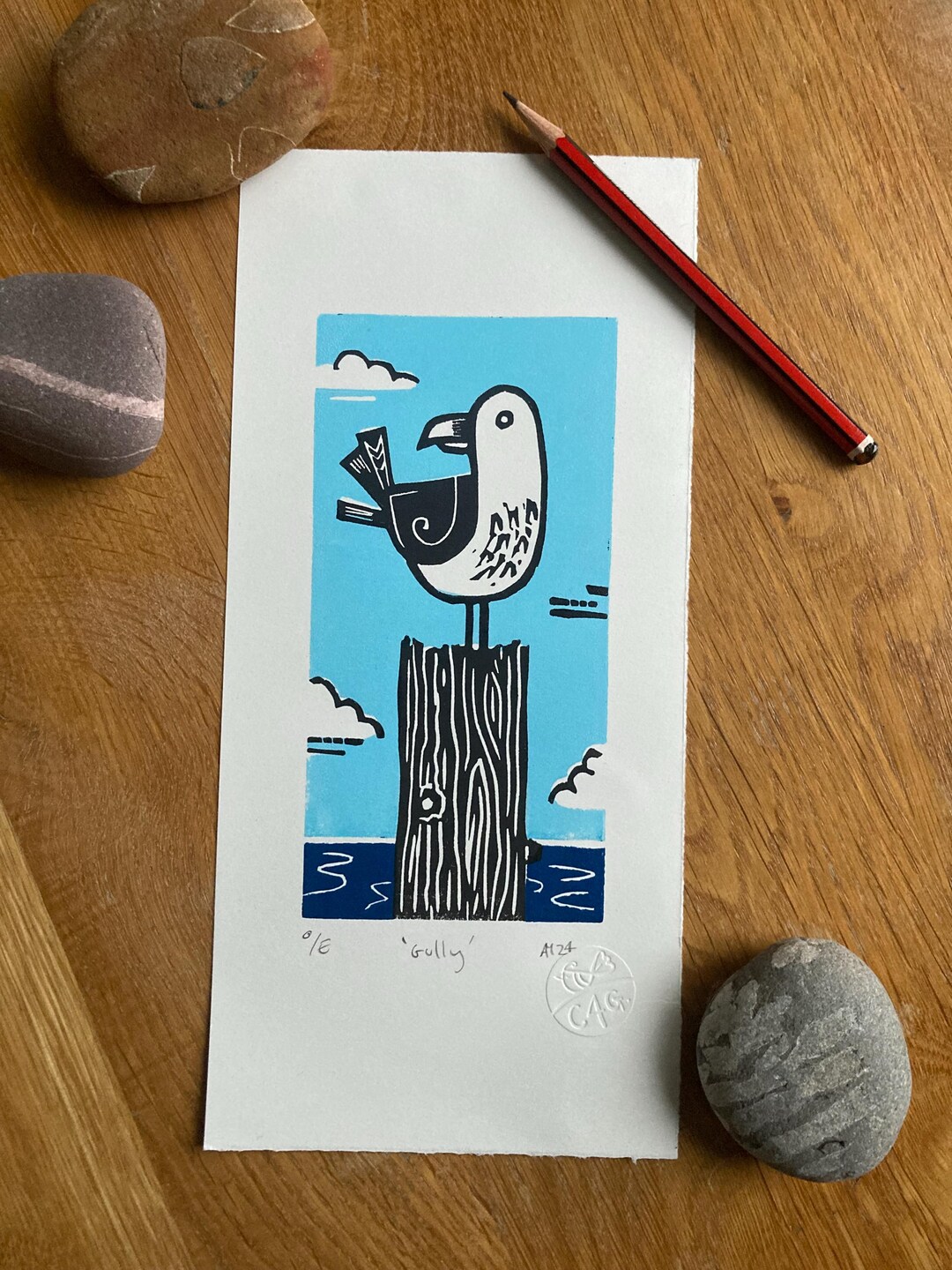 Seagull Linocut Print: Three-color Handmade Art - Etsy