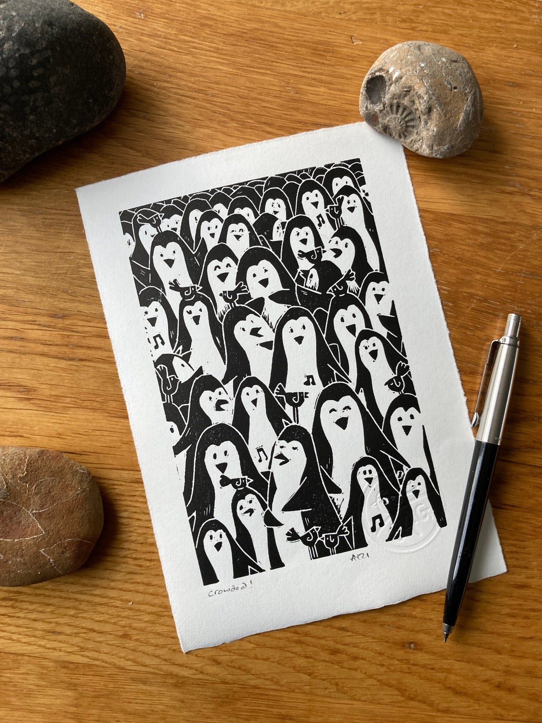Crowded Penguin Print Huddle Group Friends Linocut Print Handmade Art ...
