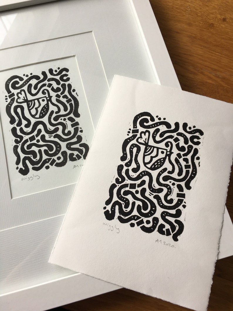 Wiggly worms Linocut print handmade art print | Etsy
