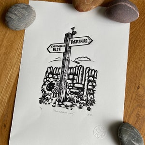 The Yorkshire Way - Humourous Sign Post - Linocut Print - Handmade Art ...
