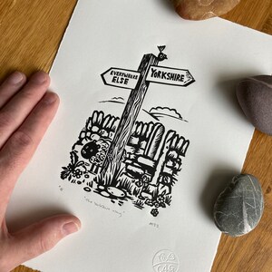 The Yorkshire Way - Humourous Sign Post - Linocut Print - Handmade Art ...
