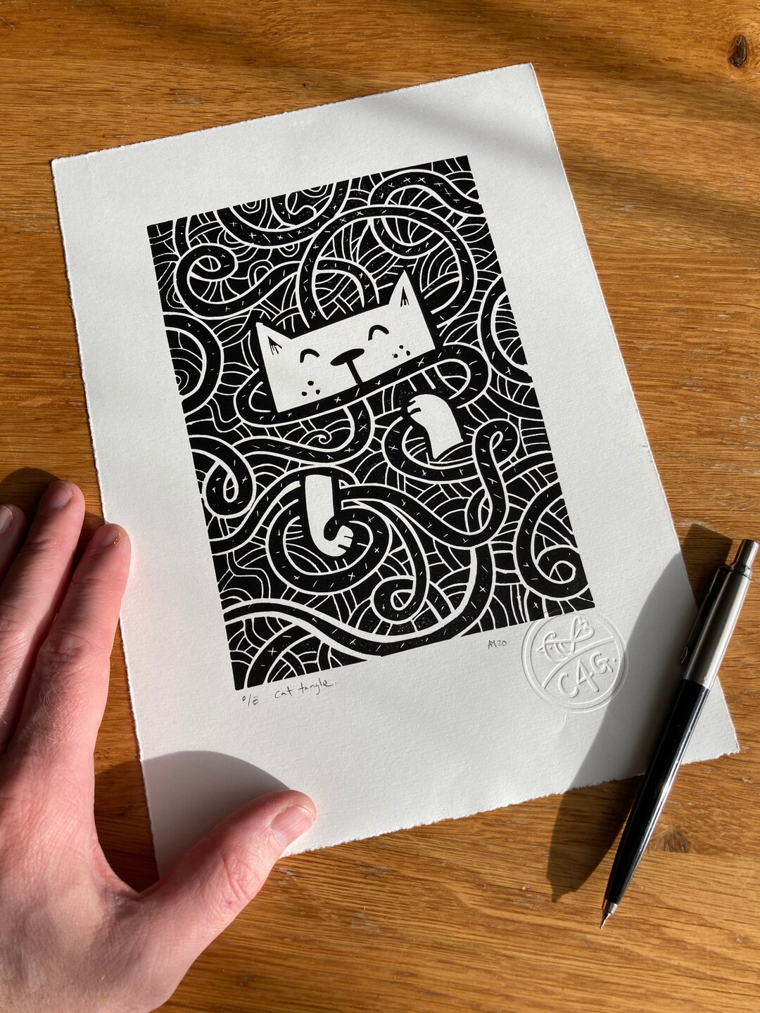 Cat Tangle Cute Cat Playing With Wool Linocut Print - Etsy