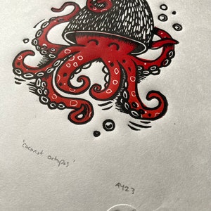 Coconut Octopus- Quirky- Under the Sea - Fun Linocut -contemporary ...