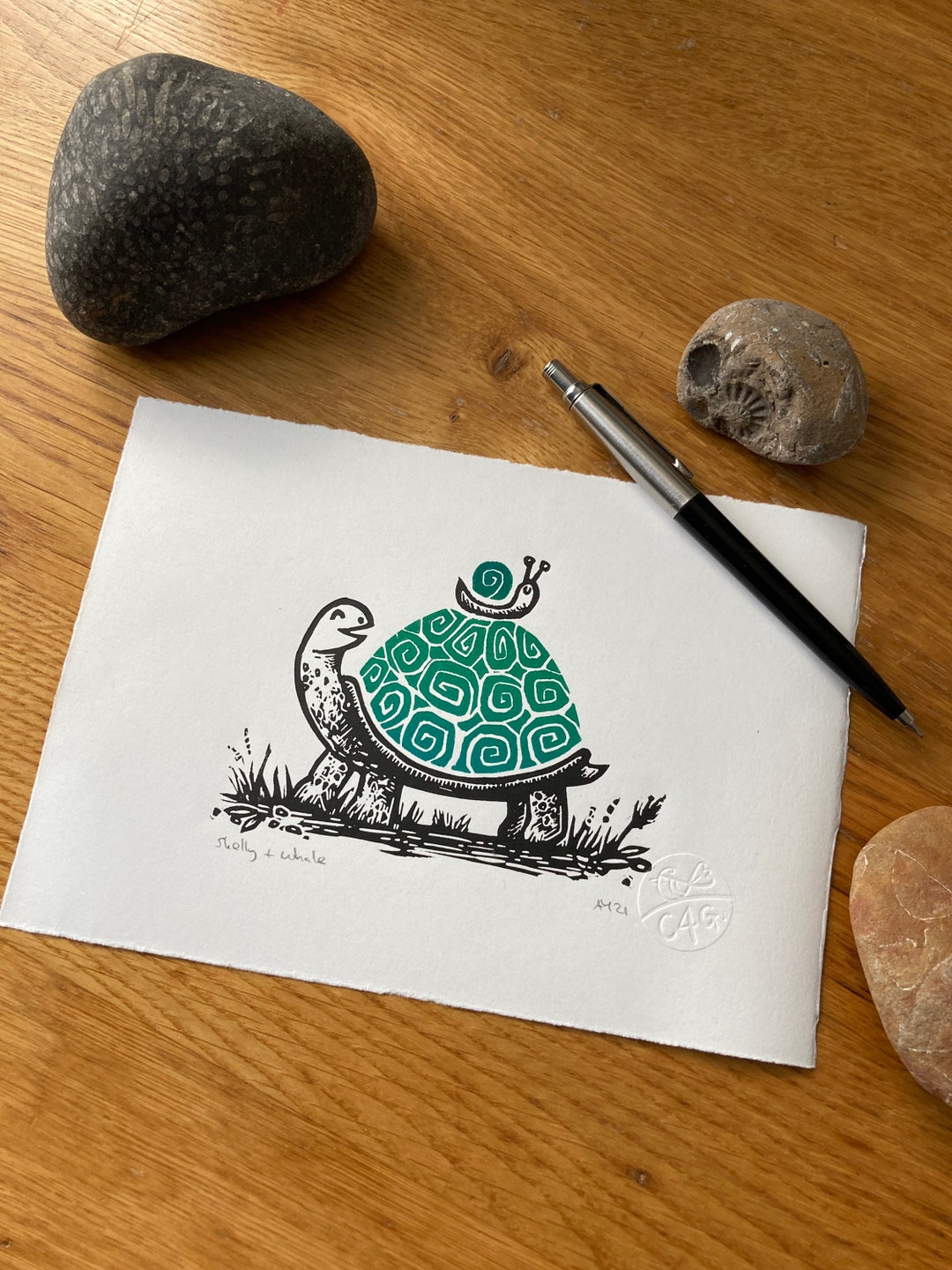 Tortoise Handprinted Linocut Print Colourful Tortoise & Snail ...