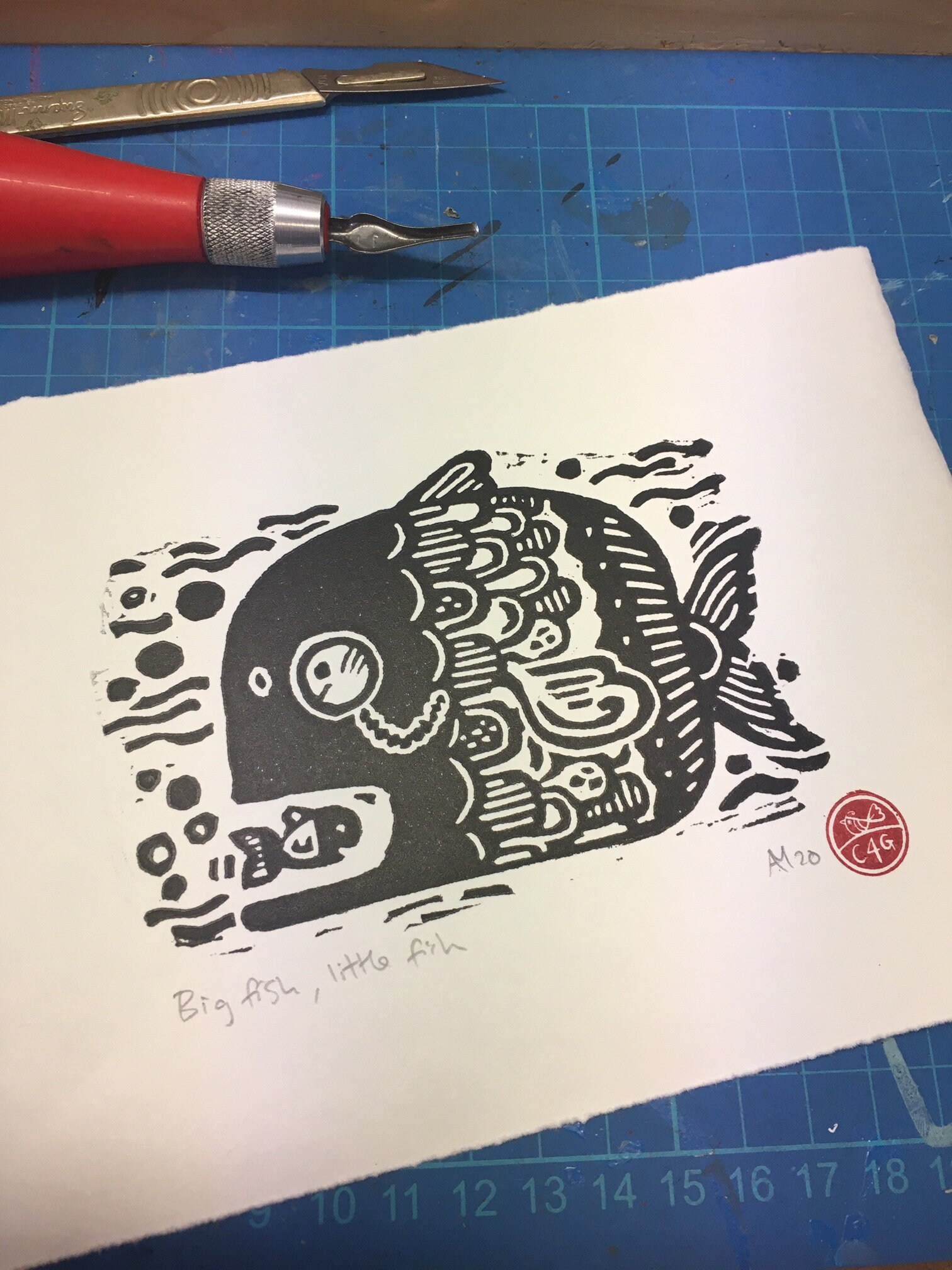 Big Fish Little Fish Linocut Print Handmade Art Print - Etsy UK