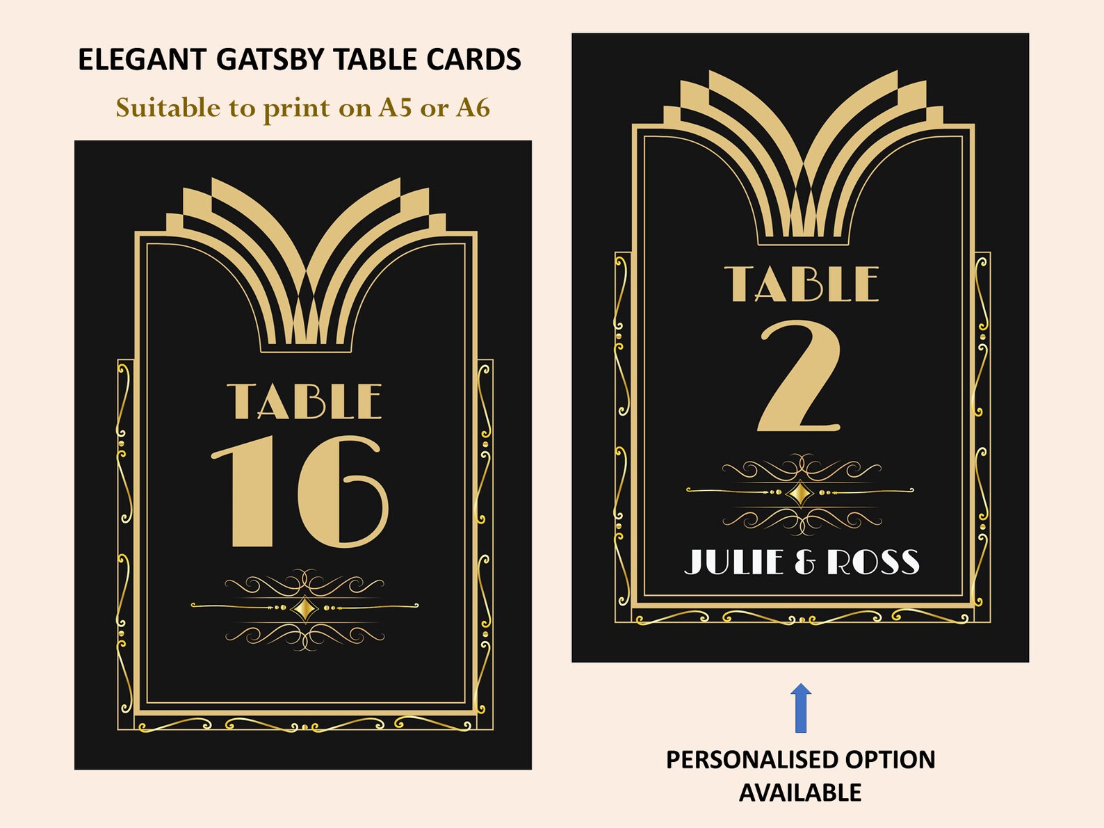 Great Gatsby Table Cards 1-20 | Art Deco Printable | Black and Gold ...