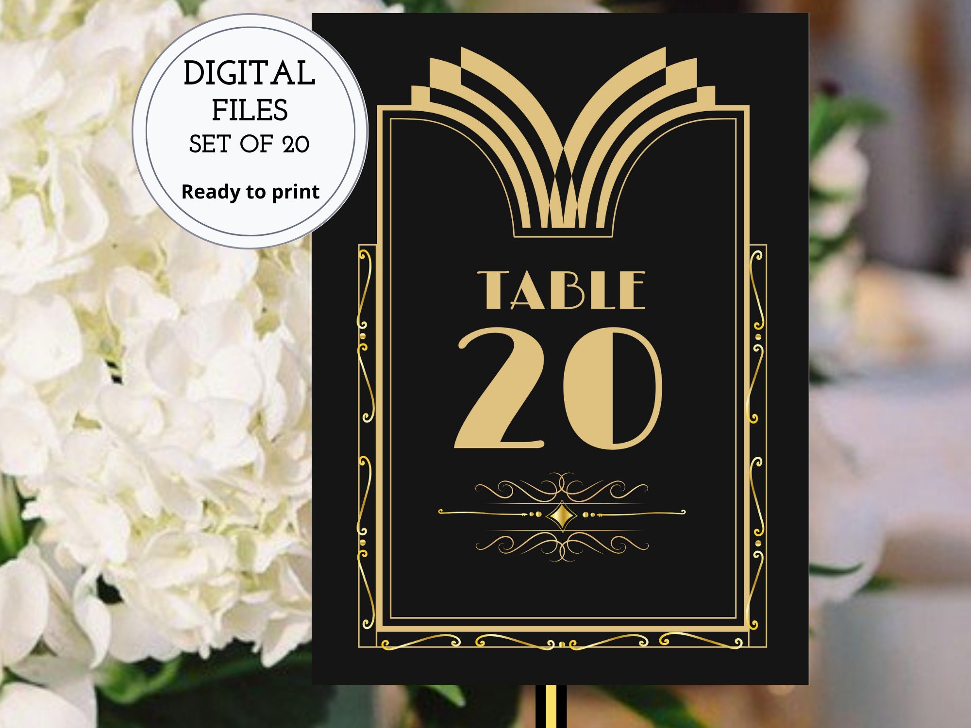 Great Gatsby Table Cards 1-20 | Art Deco Printable | Black and Gold ...
