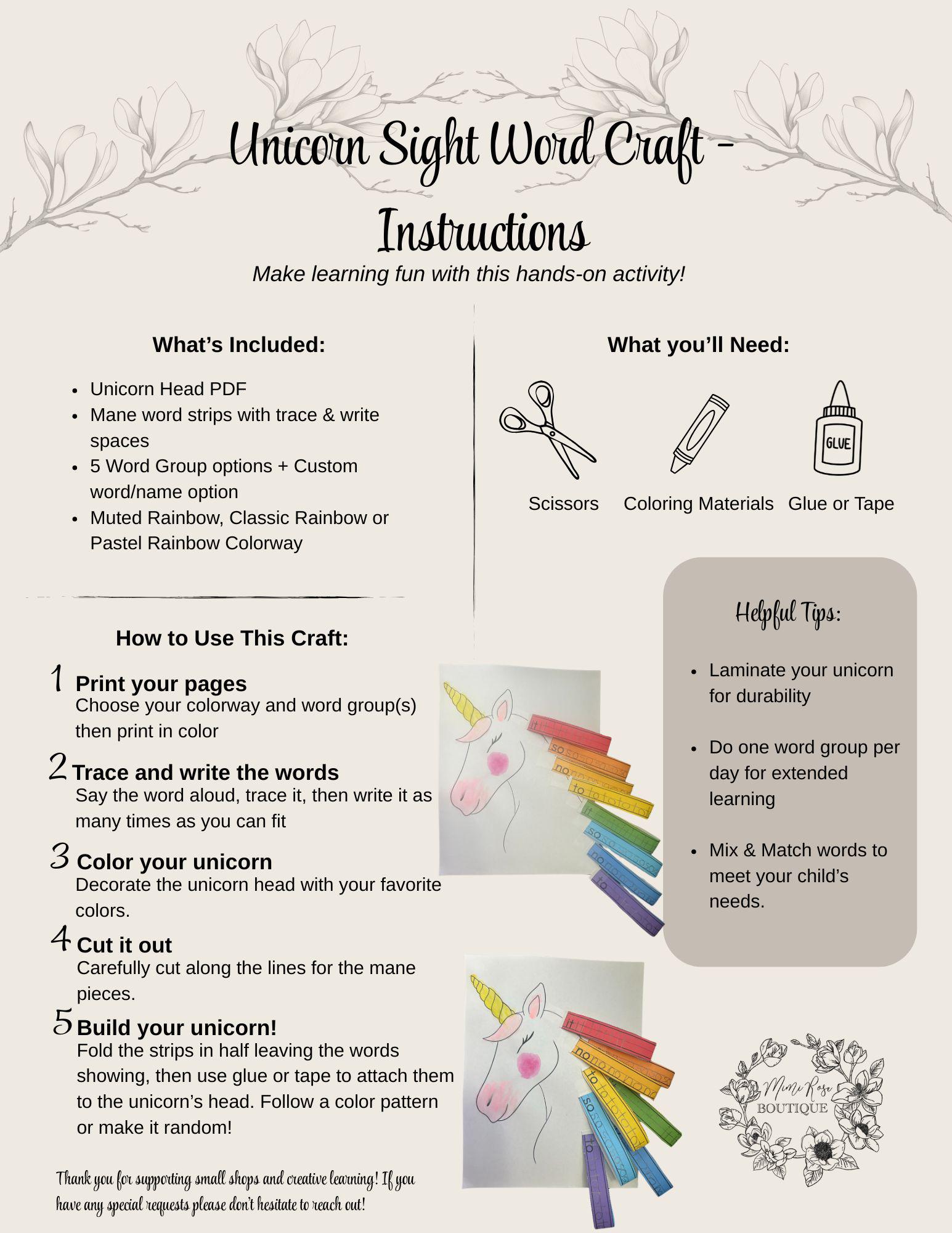 Unicorn Sight Word Craft - Pastel Rainbow | Printable Sight Word & CVC ...