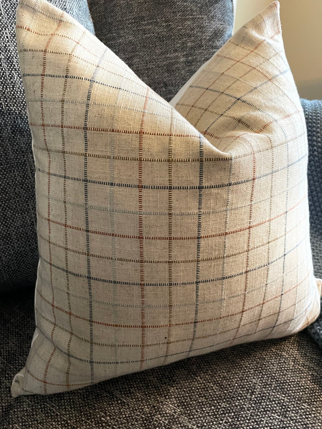 Small Neutral Multi Color Stripe Windowpane Plaid Handmade Decorative ...
