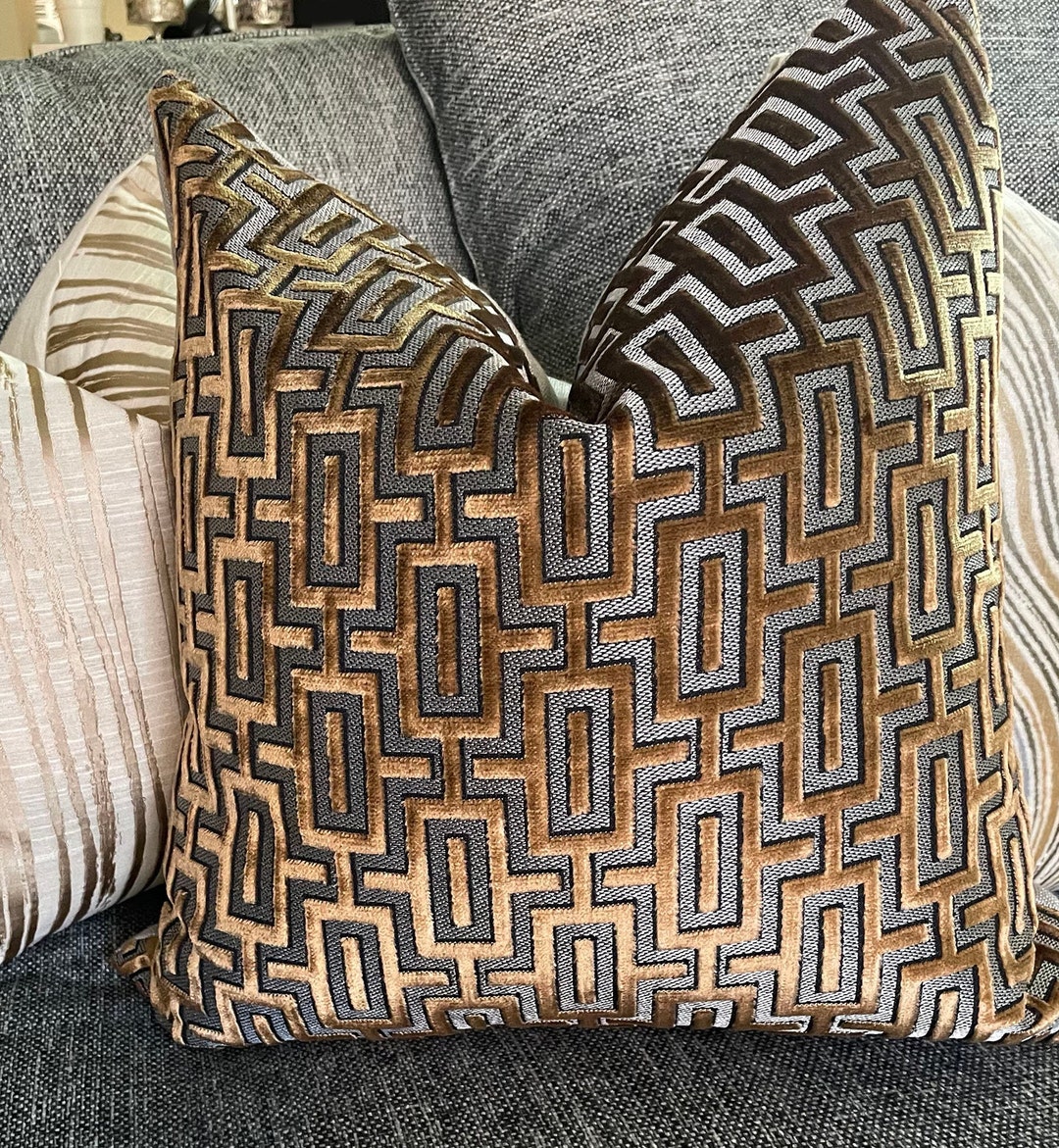 Bronze Geometric Velvet Designer Decorative Pillow Cover - Luxurious ...